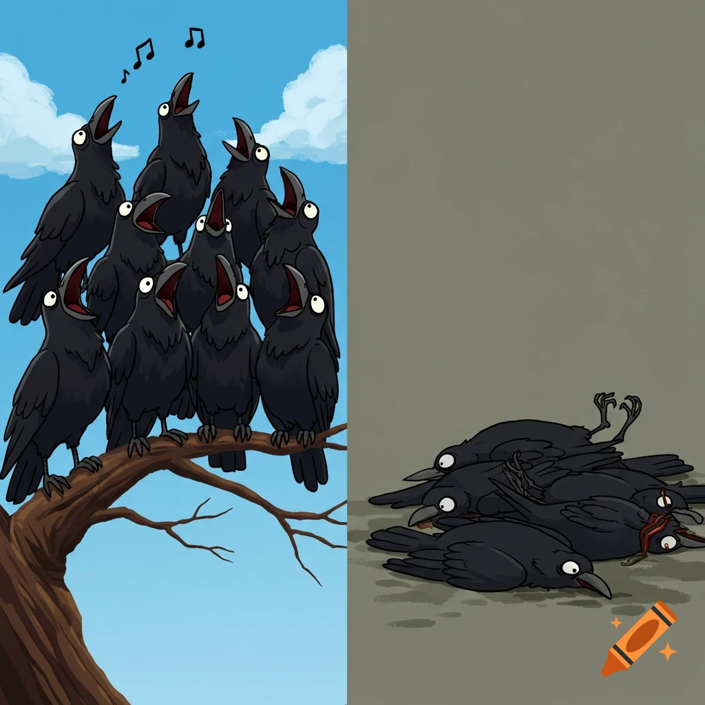 Cartoon image split in two: singing ravens on a branch on the left, a ...