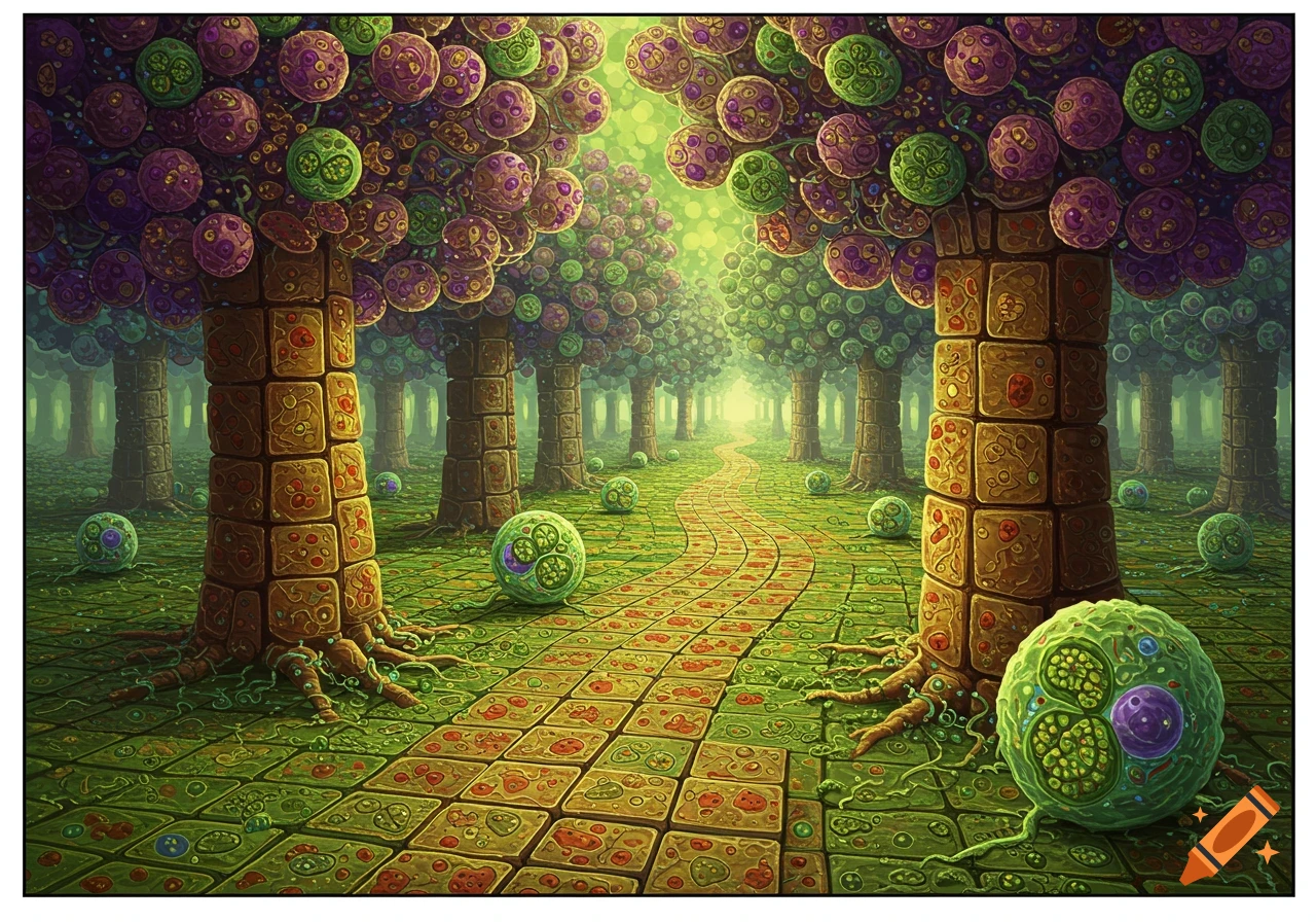 A path leads through a forest where trees and tiles are composed of ...