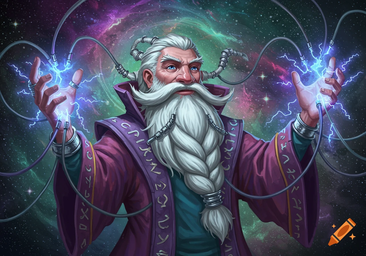 A wizard with a long white beard and braid, connected by wires ...