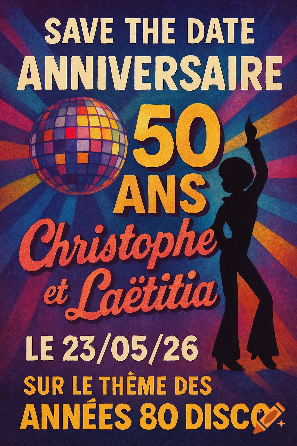Vintage style poster for a 50th birthday party with a disco ball ...