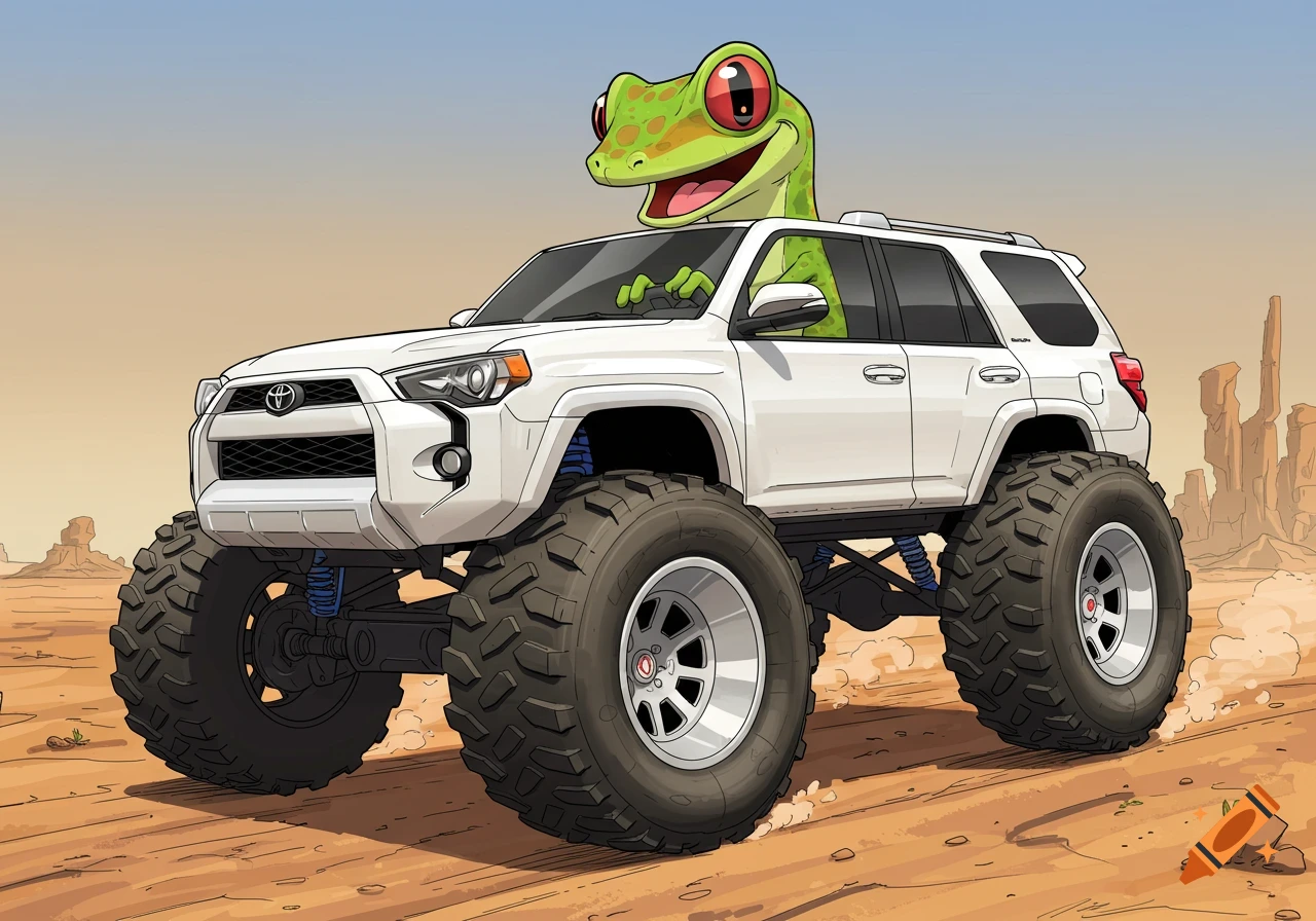 Cartoon gecko driving a white monster truck SUV through a desert. on ...