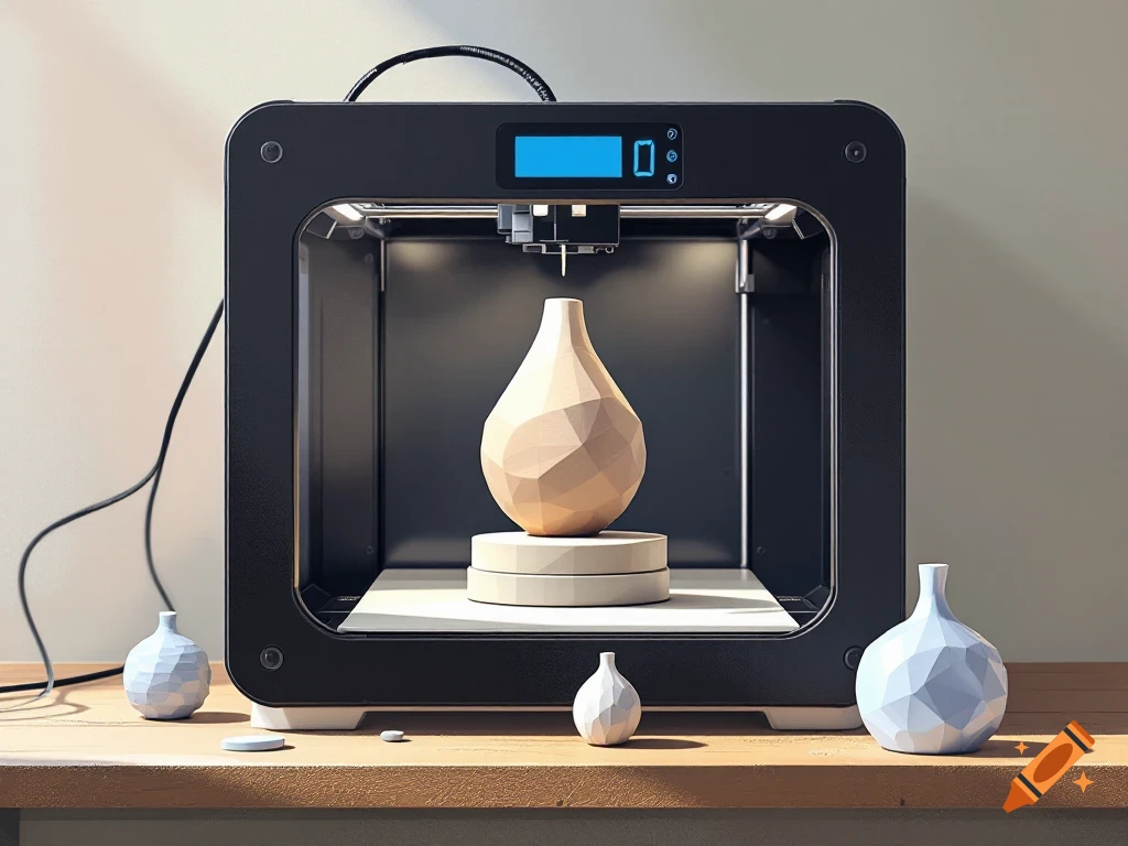 A black 3D printer is shown printing a large geometric object, with ...