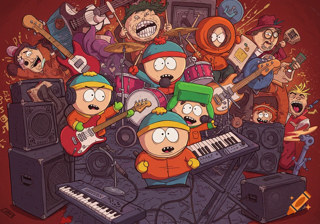 South Park characters playing in a band with guitars, keyboards, and ...