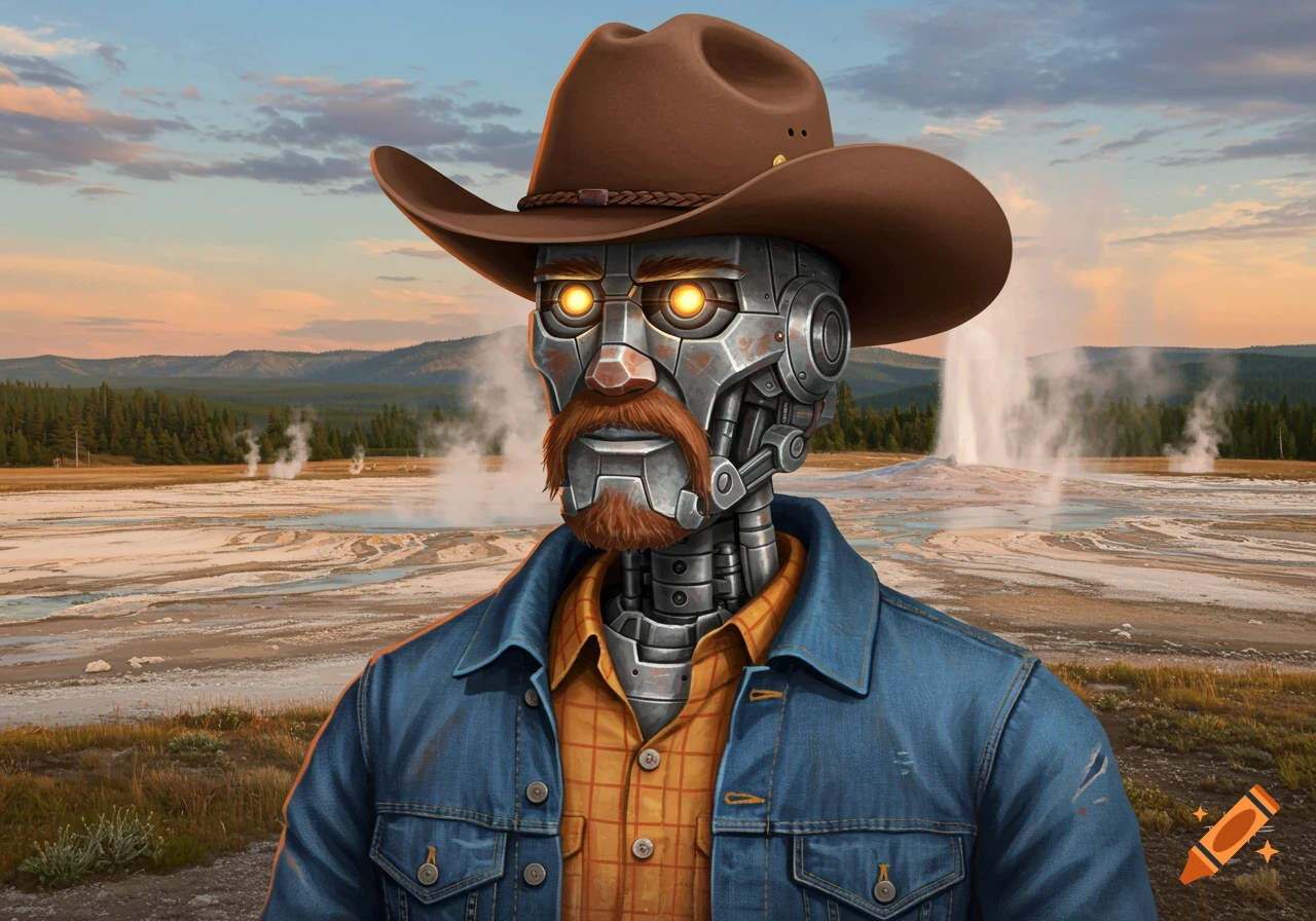 A robot wearing a cowboy hat and denim jacket stands in a landscape ...