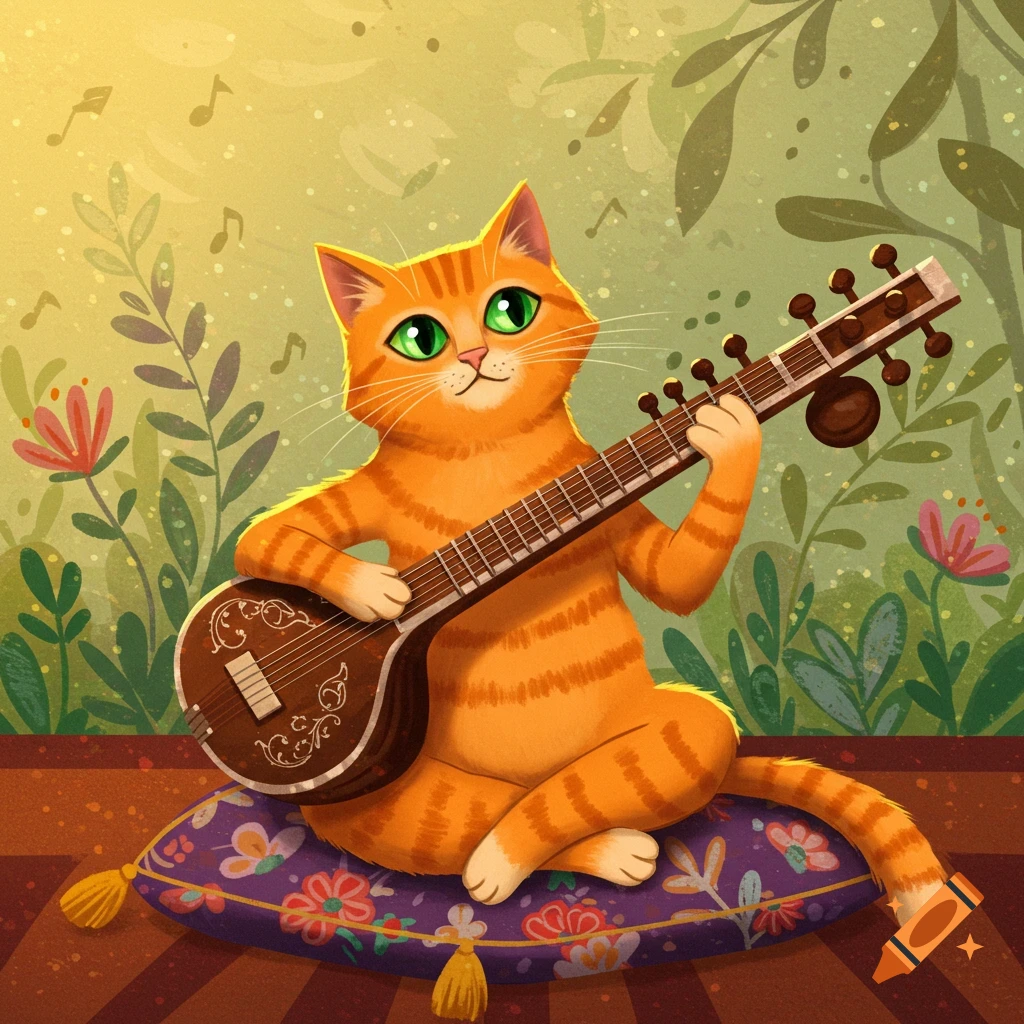 An orange cartoon cat with green eyes sits on a purple cushion, playing ...