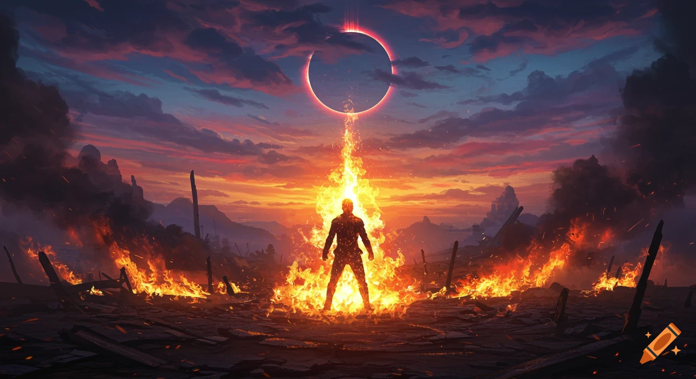 A silhouetted figure stands in intense flames under a solar eclipse ...