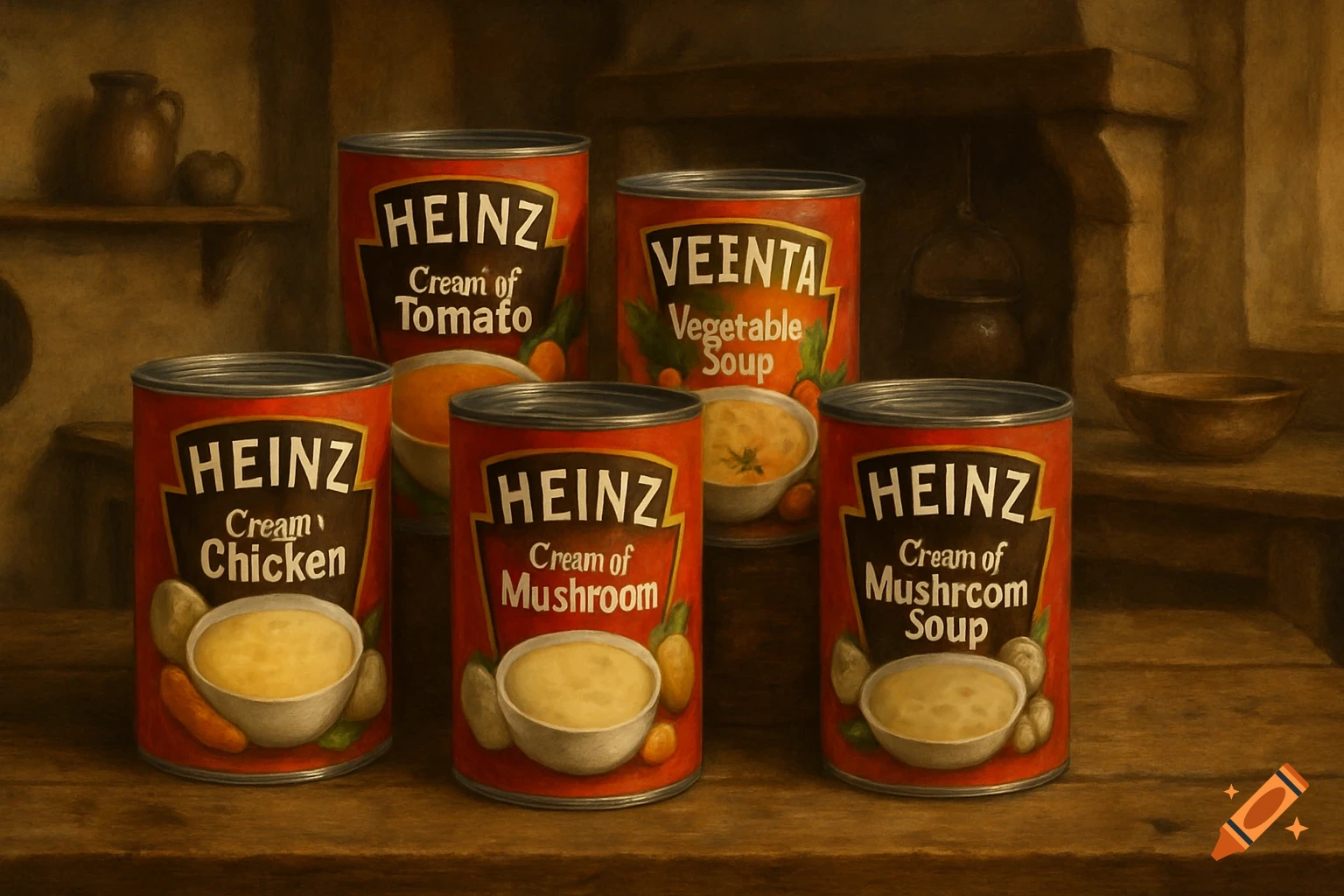Variety of soup cans, including Heinz and Veental brands, sit on a ...
