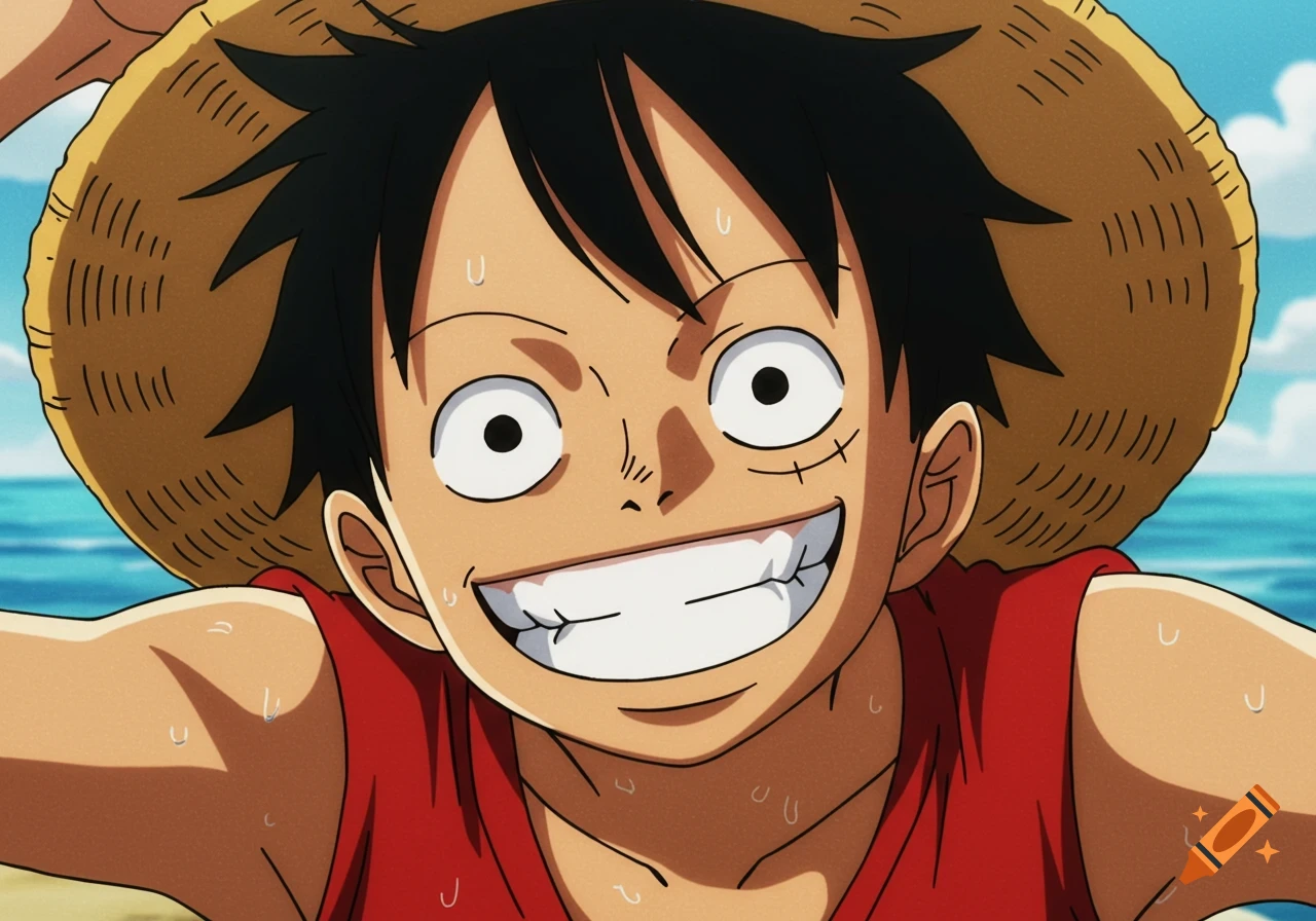 Close-up anime portrait of Luffy smiling and sweating on a beach on Craiyon
