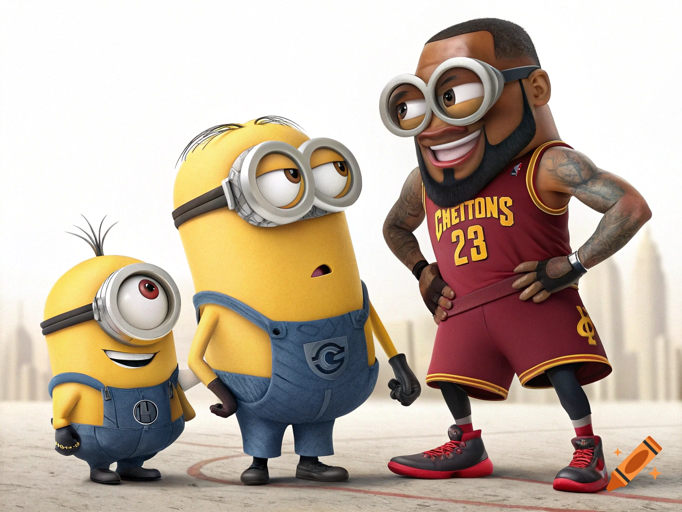 Three Minion-like characters on a basketball court, one resembling ...