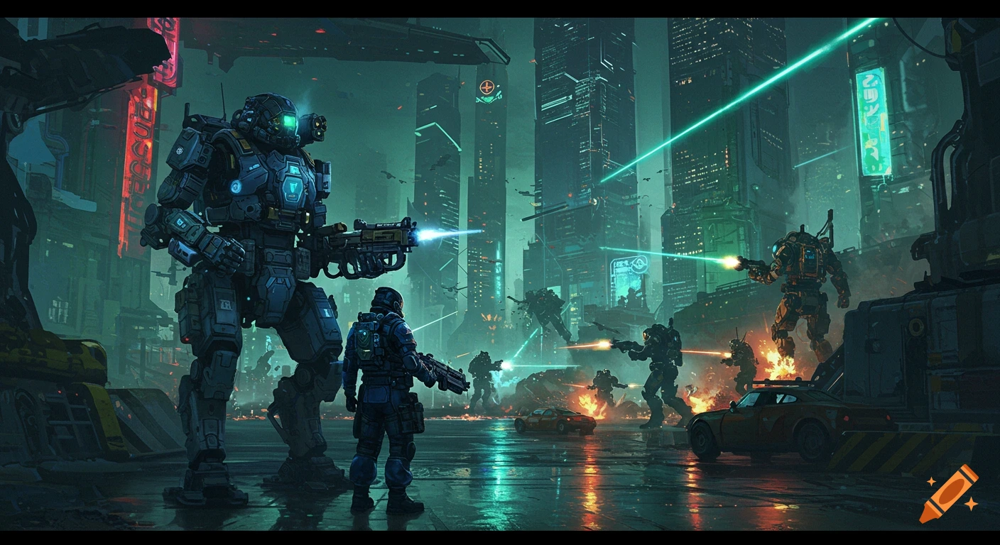 Giant mech and soldiers battling in a futuristic neon cityscape. on Craiyon