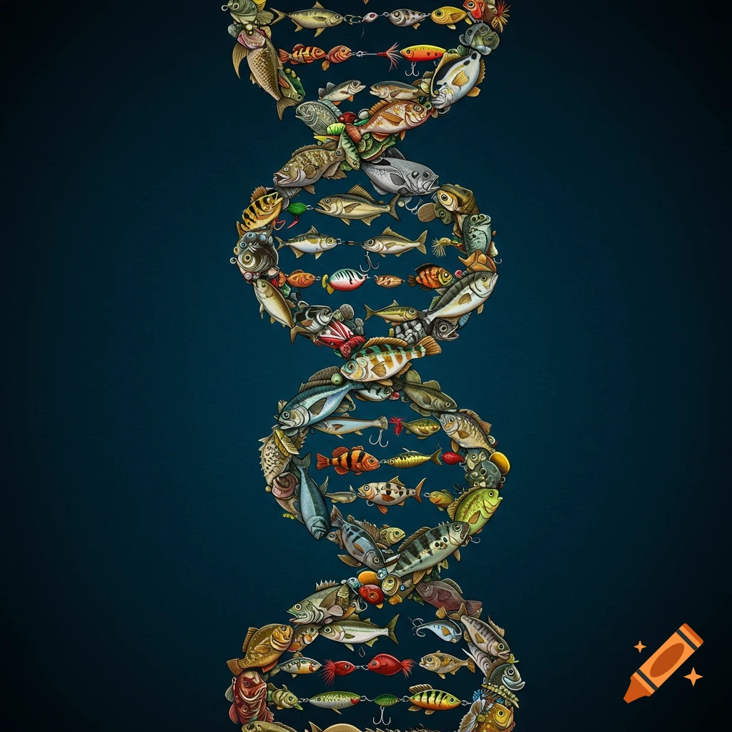 Illustration of a DNA strand made from various fish and fishing lures against a dark background ...