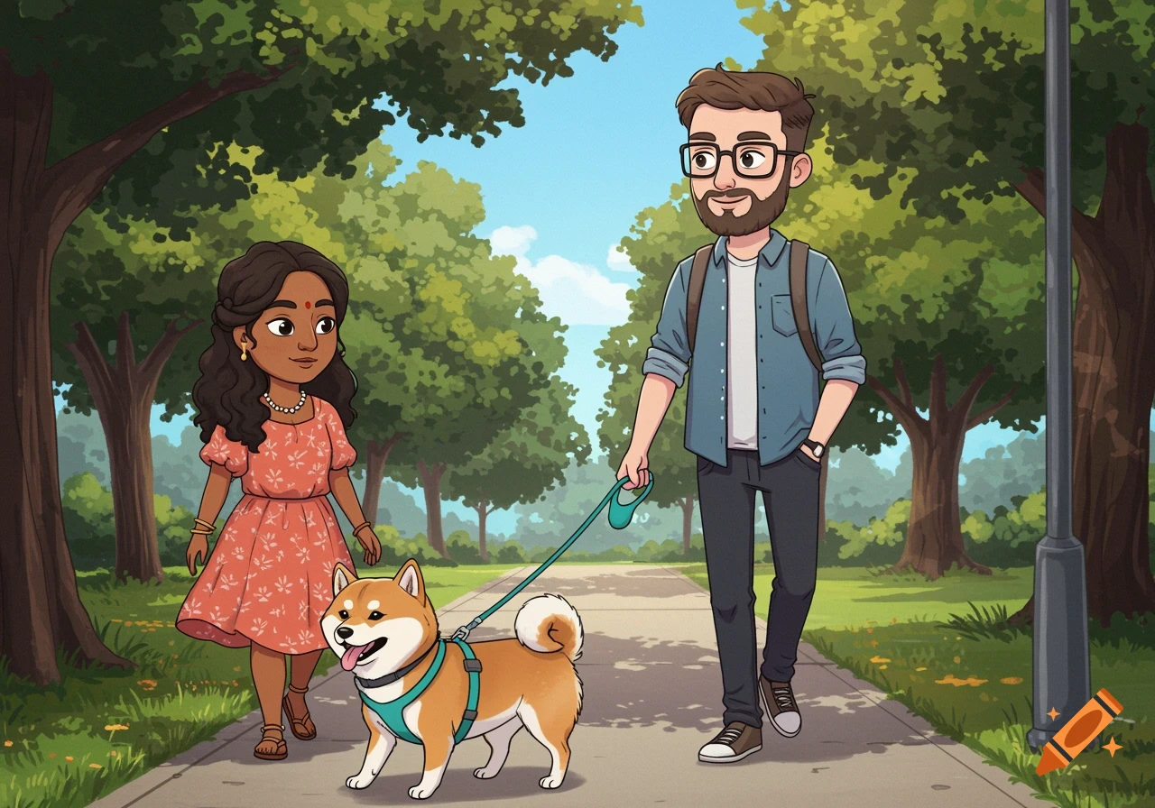 Cartoon of a man and woman walking a Shiba Inu dog in a park. on Craiyon
