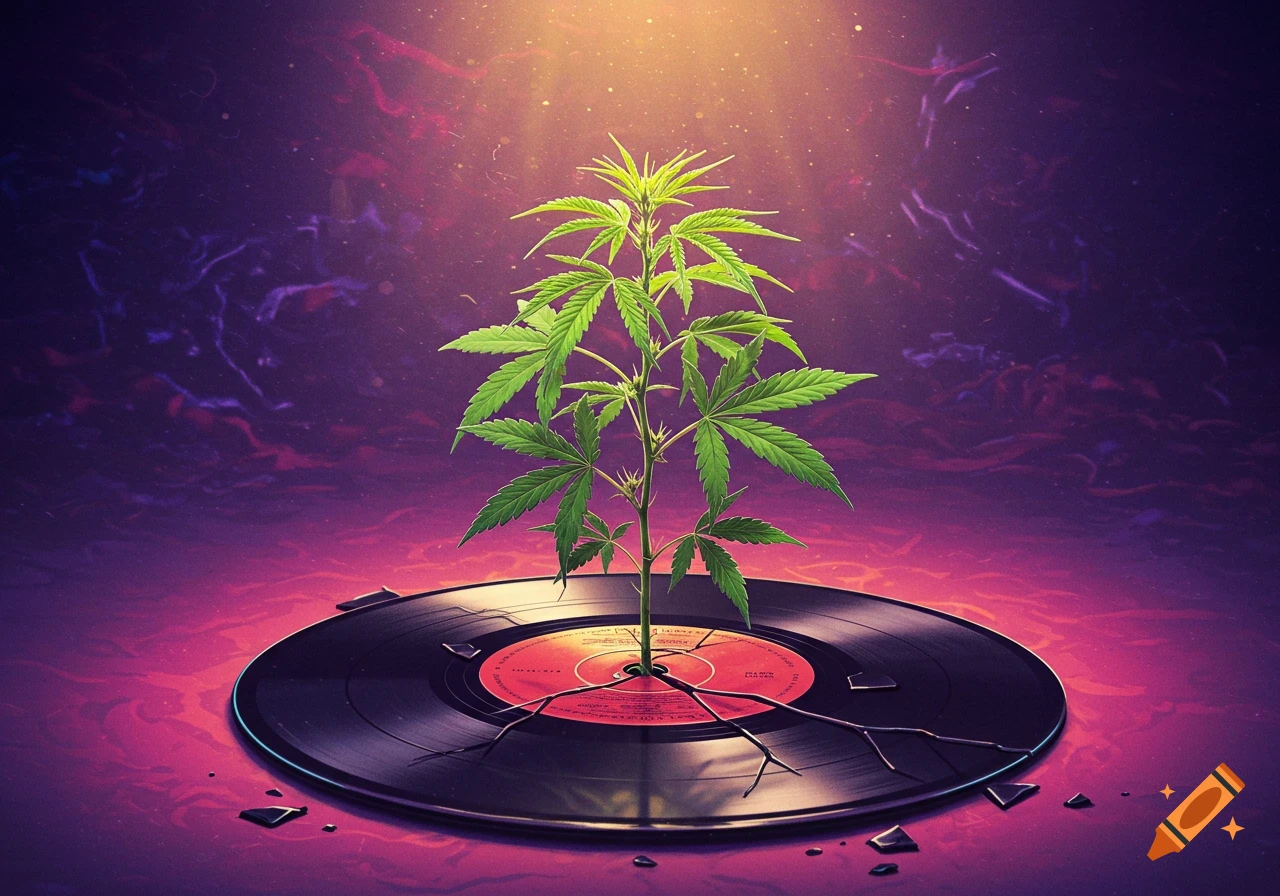 Marijuana plant growing from a broken vinyl record under rays of light ...