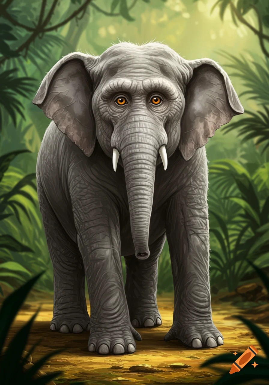 Illustration of an elephant-monkey hybrid standing in a jungle. on Craiyon