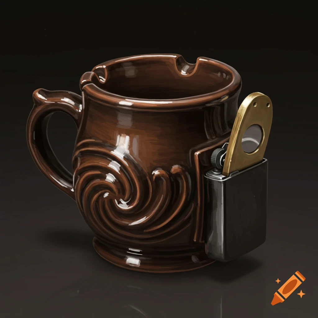 A brown ceramic mug with an ashtray rim and attached cigar lighter and ...