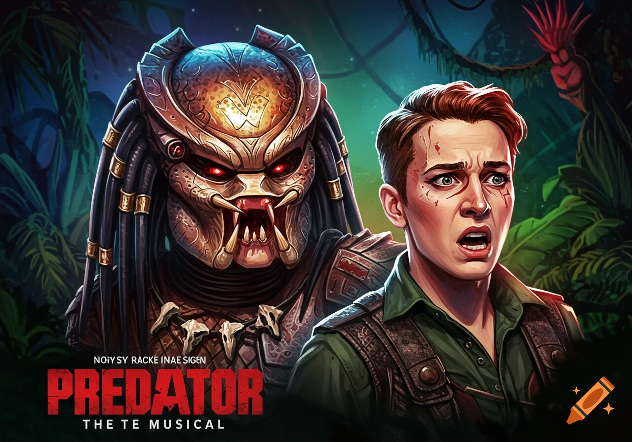Predator monster stands behind a scared human man in a jungle poster on ...