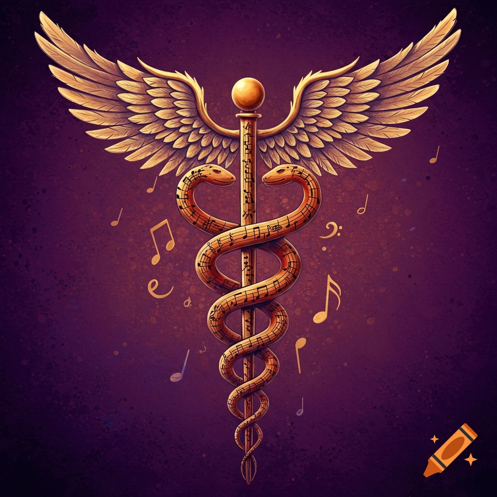 A golden caduceus with snakes wrapped in musical notes and wings ...