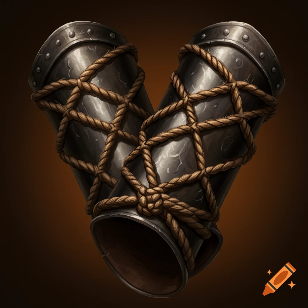 Pair of dark metal bracers wrapped in thick rope on Craiyon