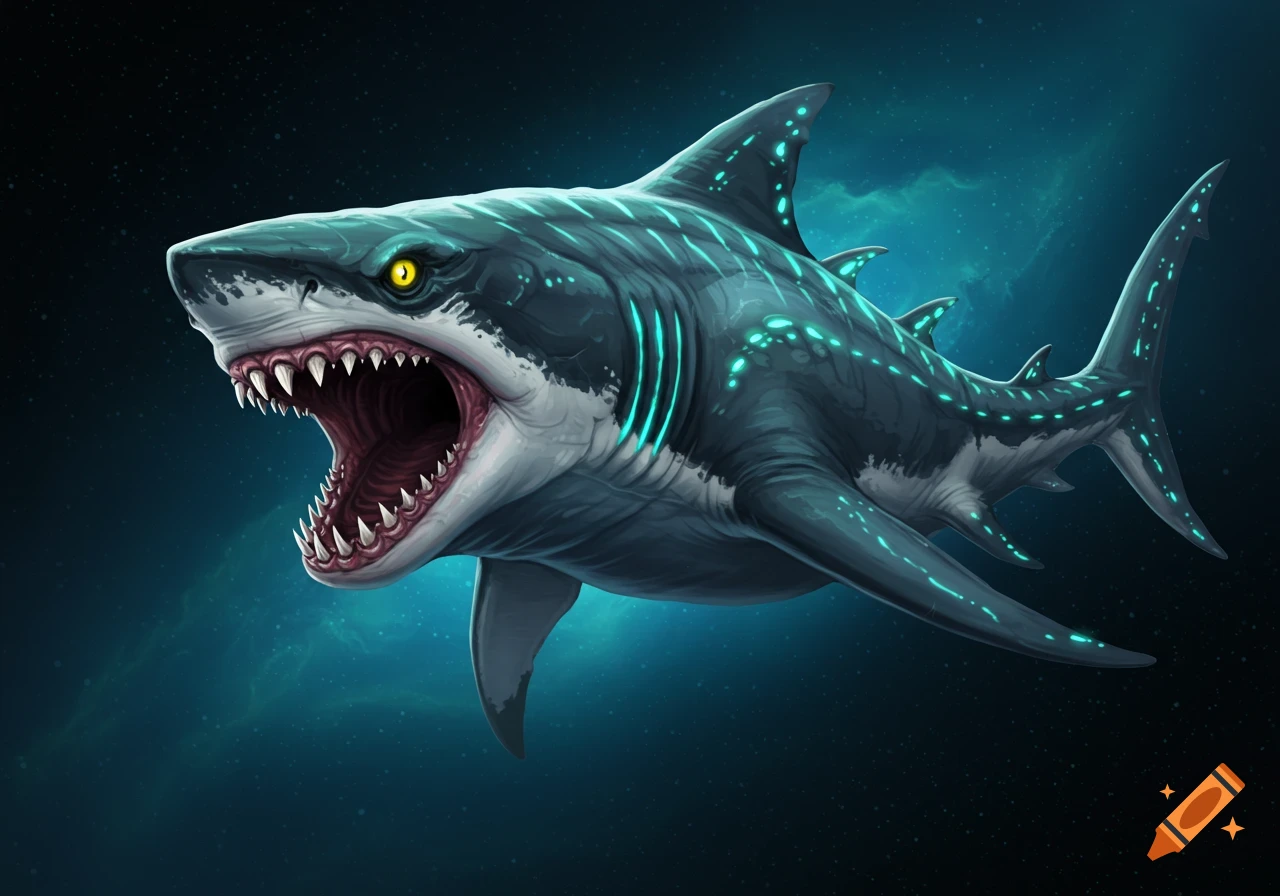 A stylized shark with glowing teal markings and sharp teeth in a dark ...