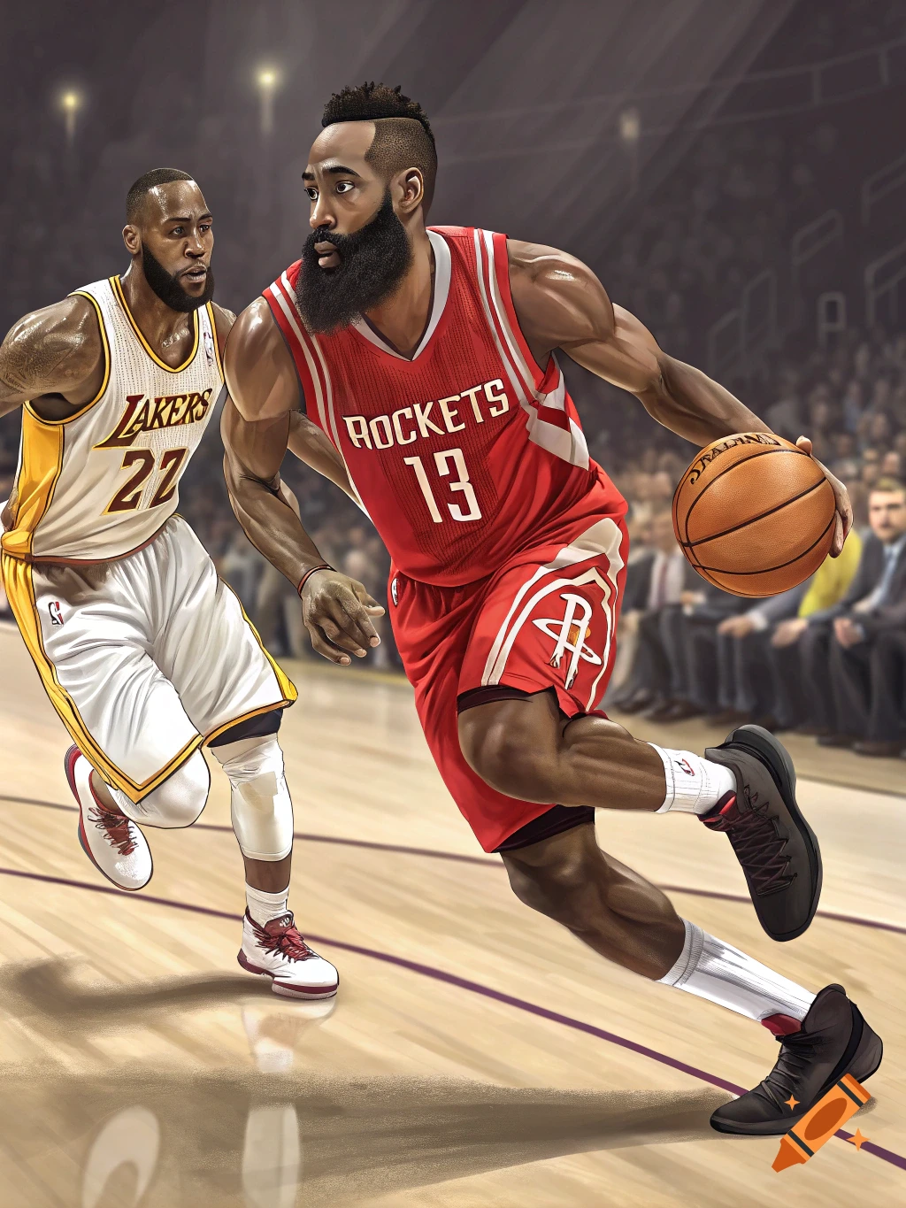 Illustration of James Harden dribbling past LeBron James in a ...