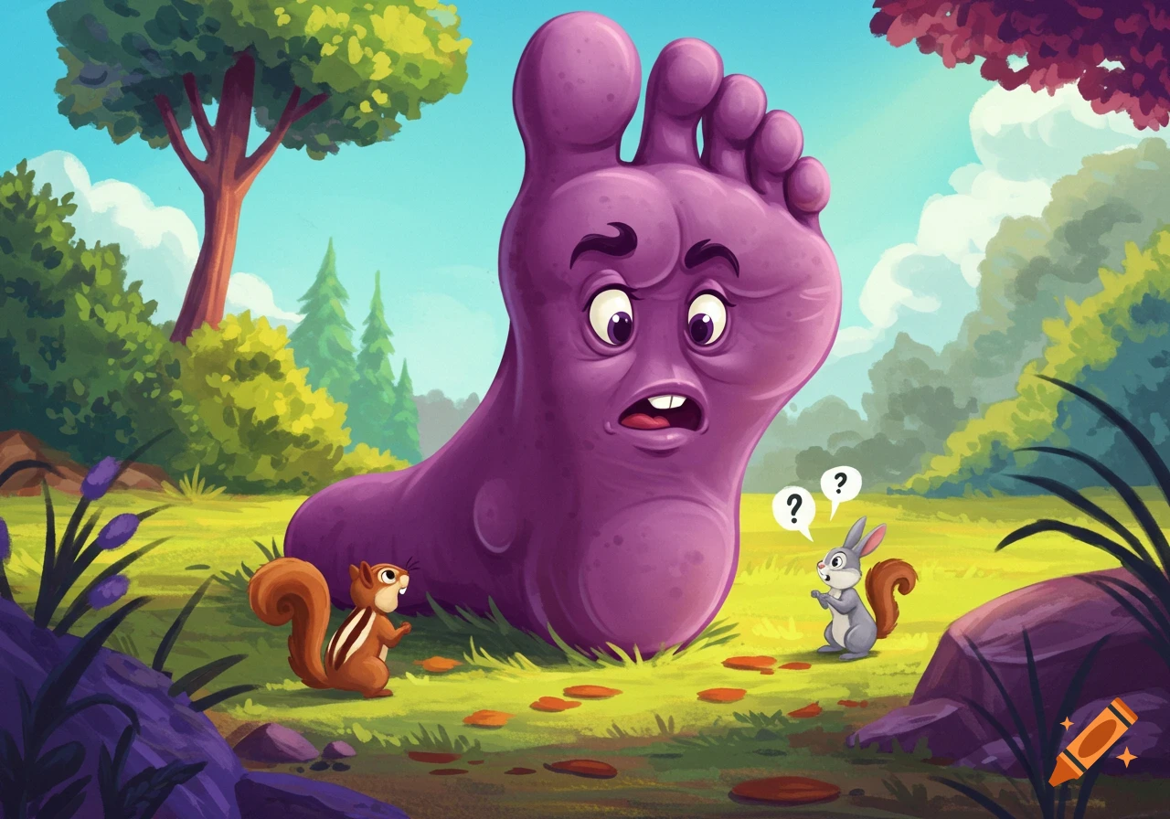 A giant cartoon purple foot with a face stands in a forest clearing ...
