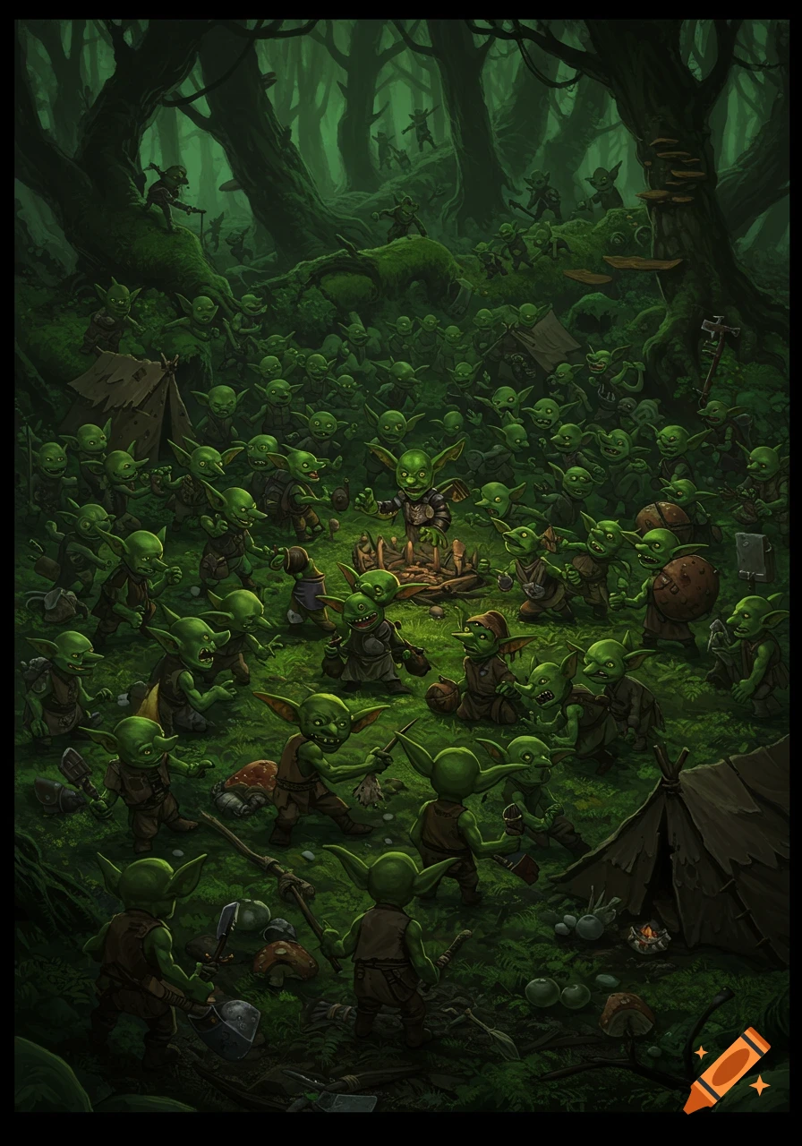 A large group of cartoonish goblins gathered around a campfire in a ...