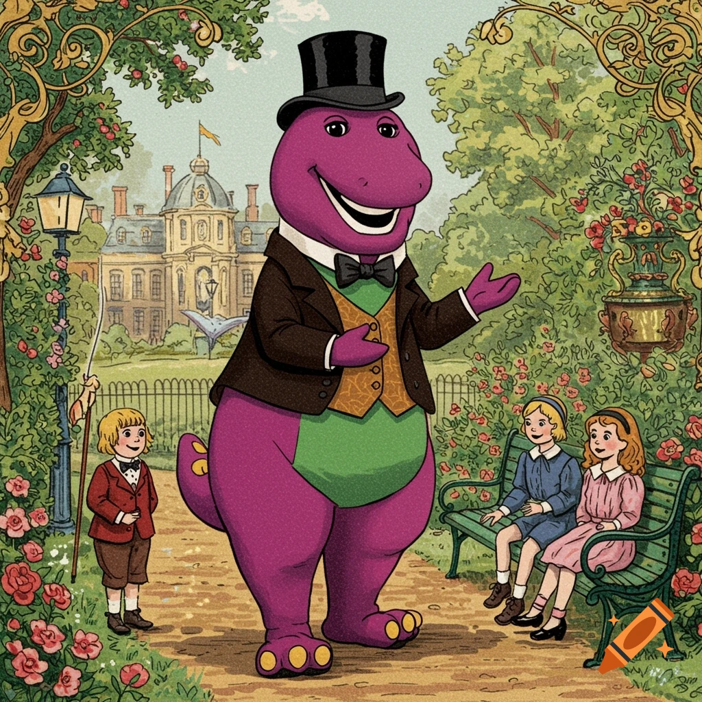 Barney the dinosaur in a top hat and suit stands in an 1890s park with children. Illustration ...