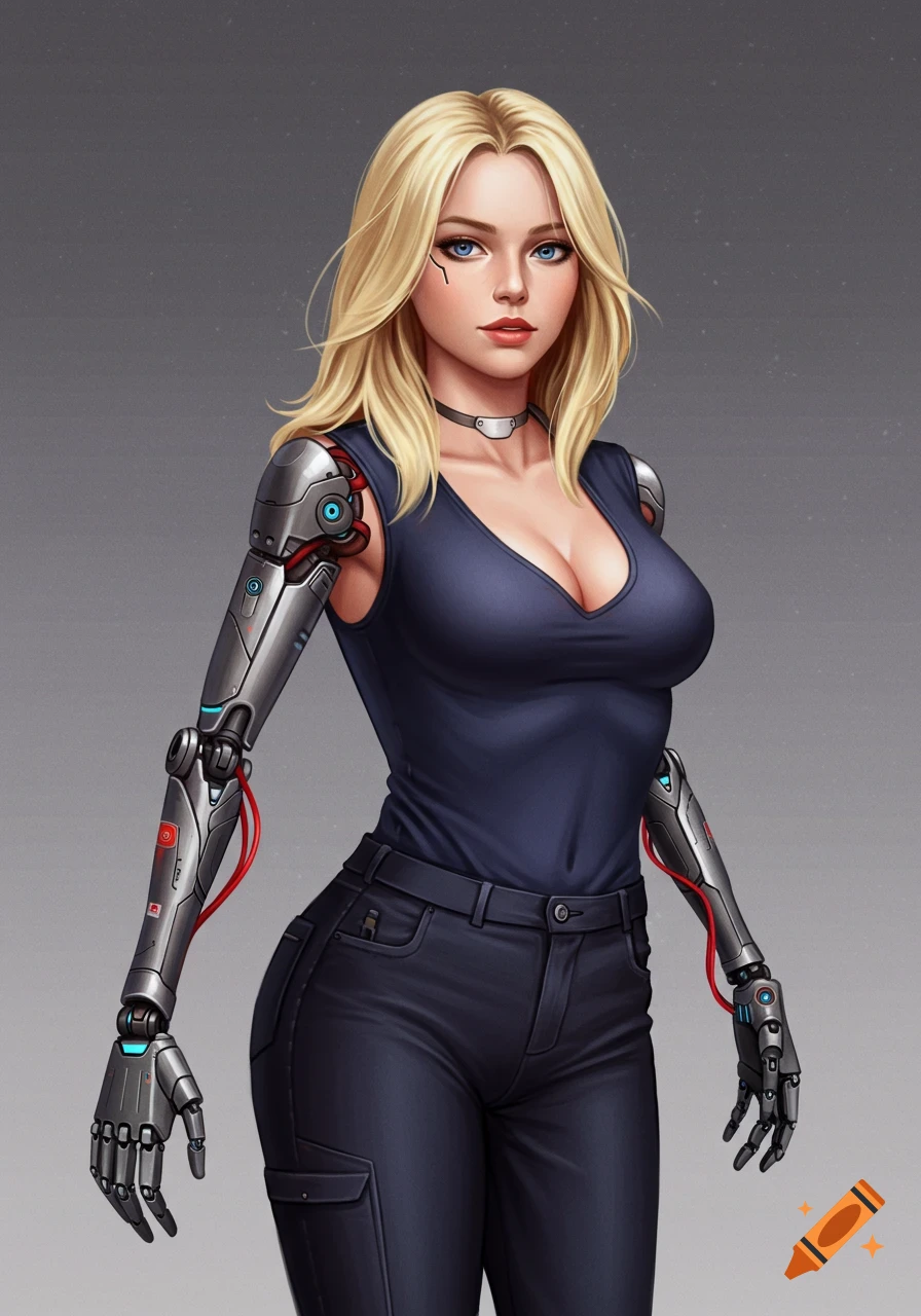 Digital illustration of a blonde woman with cybernetic arms wearing a ...
