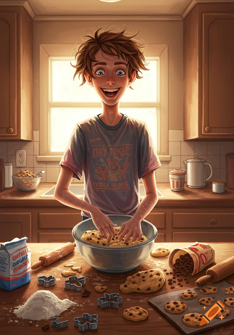 Cartoon illustration of a young boy making cookies in a kitchen on Craiyon