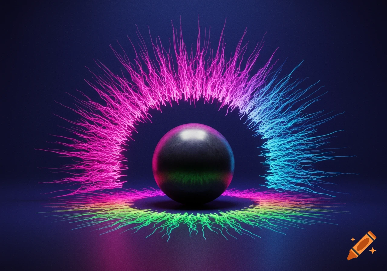 Dark sphere surrounded by colorful glowing energy lines forming an arc ...