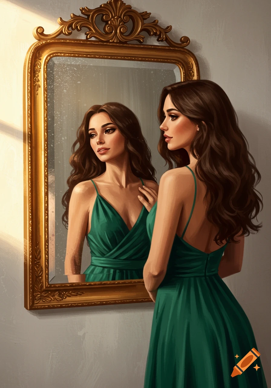 Brunette woman in a green dress looking at her reflection in an ornate mirror, digital painting ...