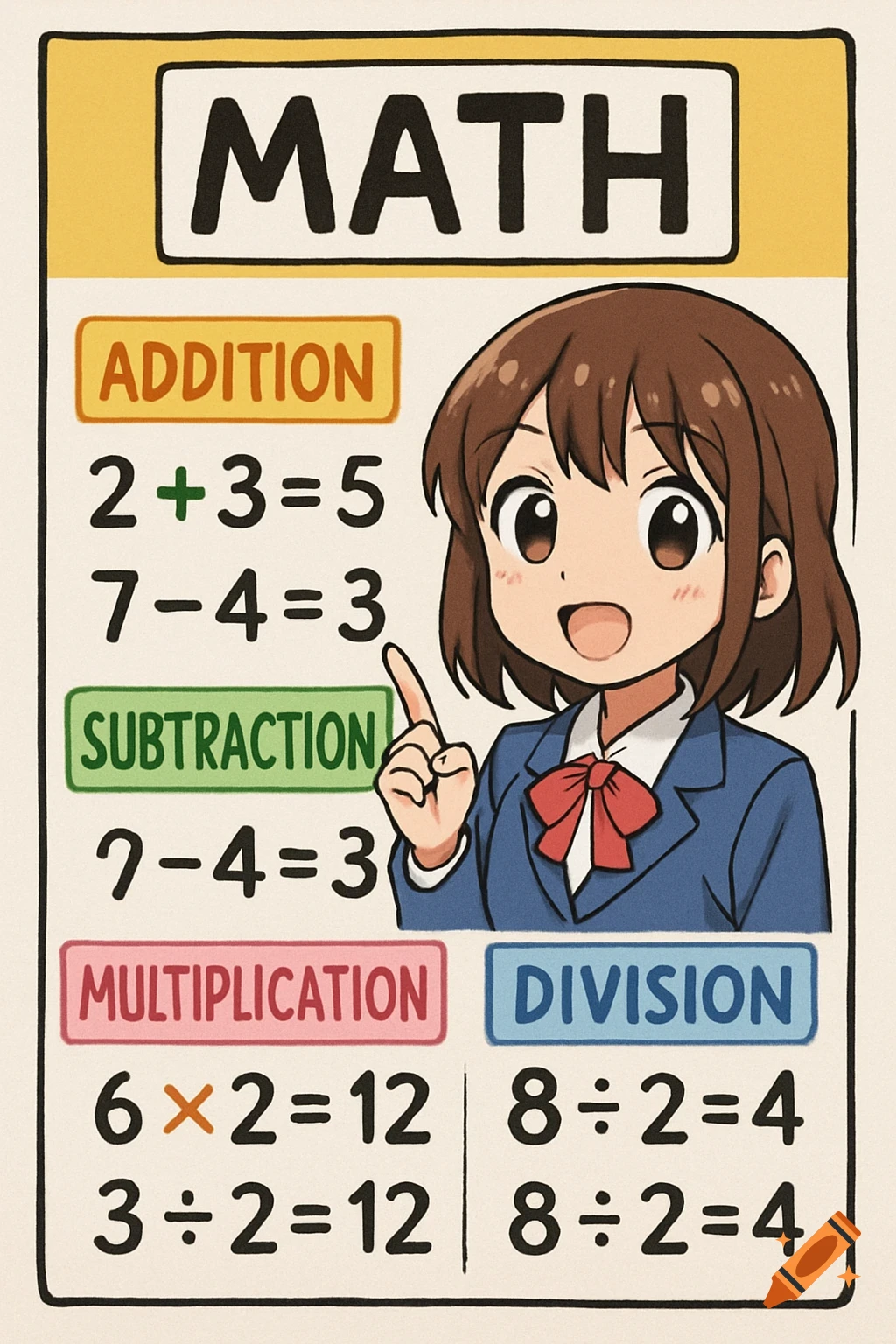 Anime girl pointing at a math anchor chart with equations for addition ...