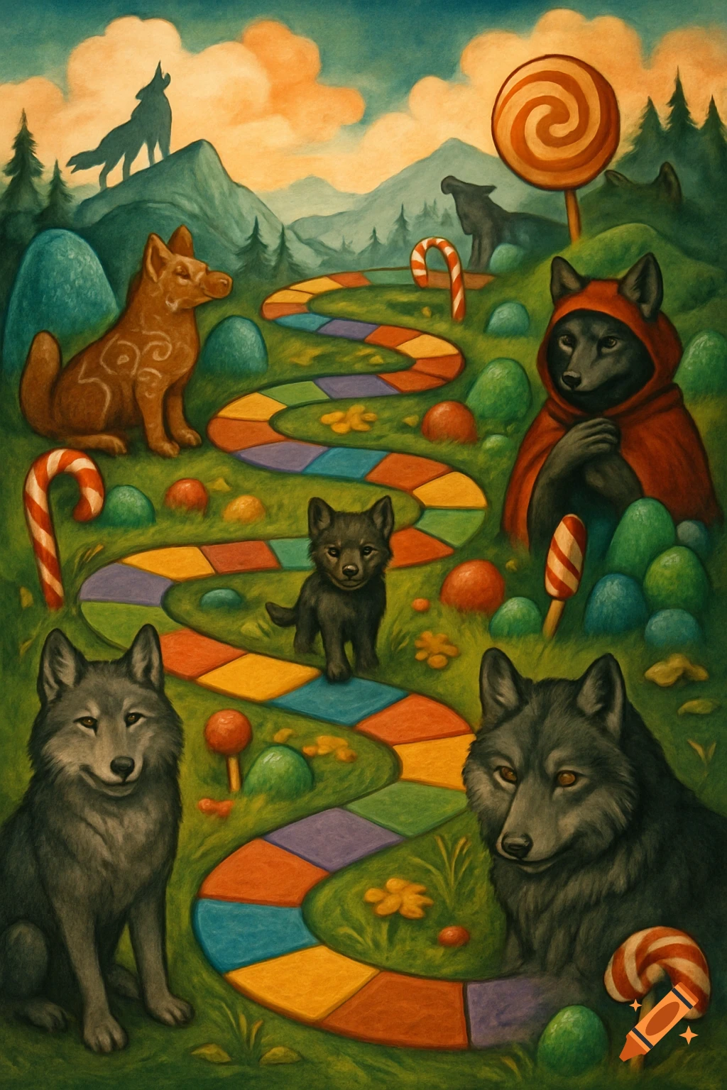 Illustration of wolves in a colorful candy land landscape with giant ...