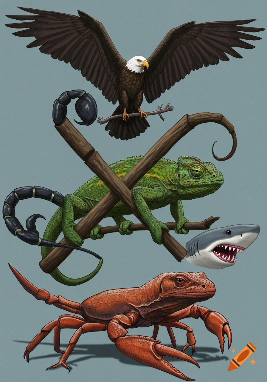 Illustration of a composite creature made of an eagle's wings, a ...