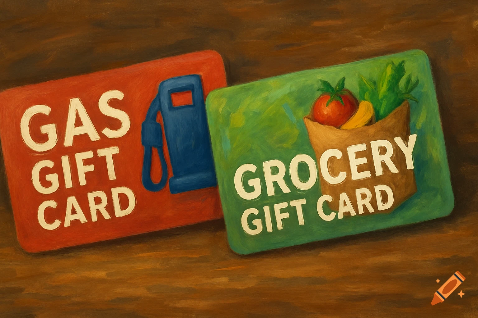 Painting of red gas gift card and green grocery gift card on a wooden ...