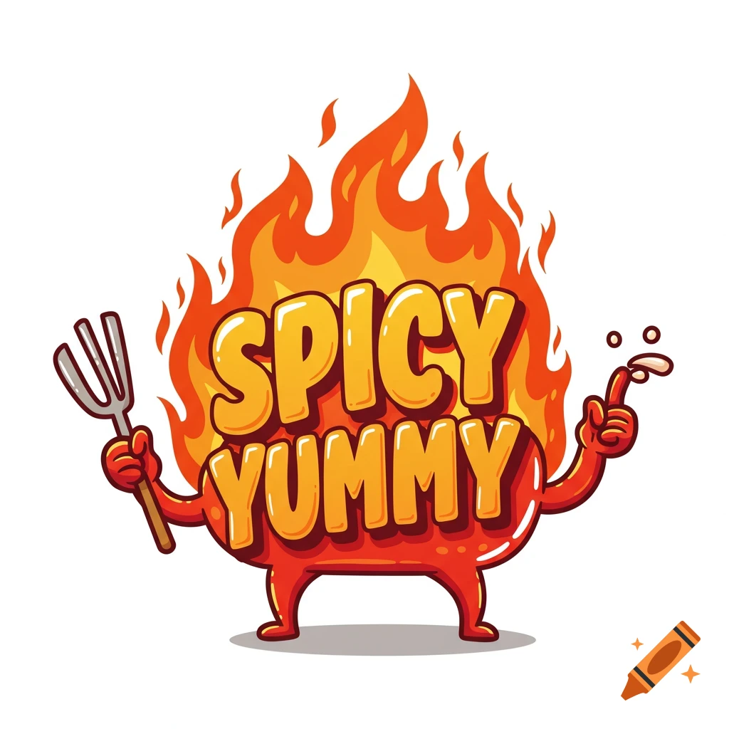 A cartoon character on fire with text 'SPICY YUMMY', holding a fork and ...