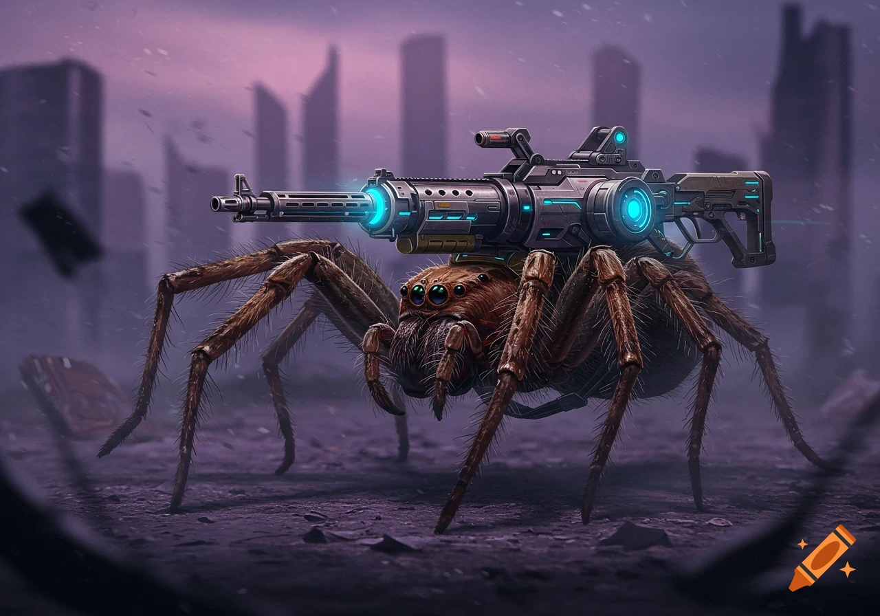 A large spider carries a futuristic machine gun on its back in a ruined ...