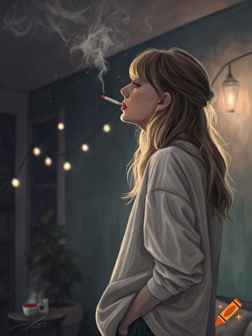 A character art portrait of a person smoking a cigarette indoors with ...