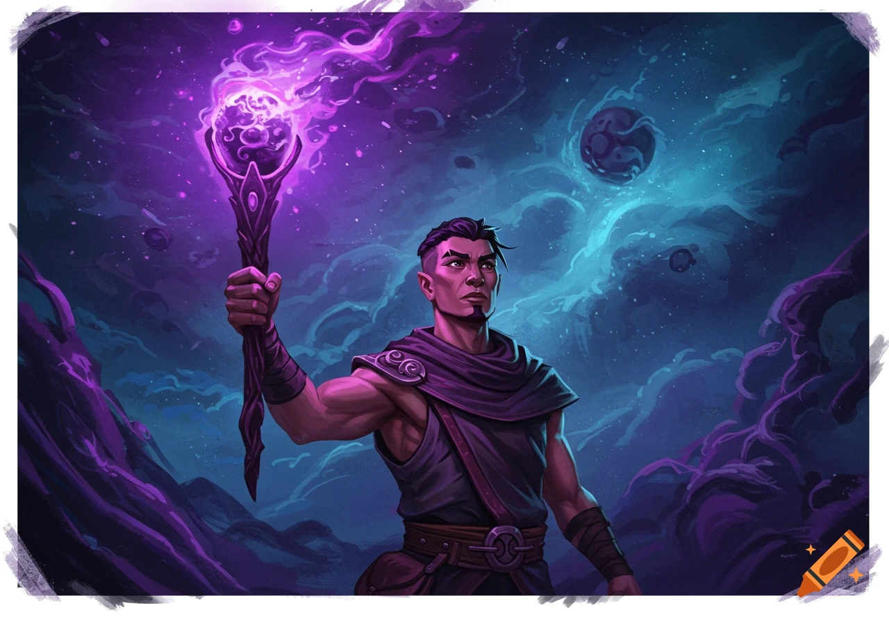 A character holding a glowing purple torch against a backdrop of space ...