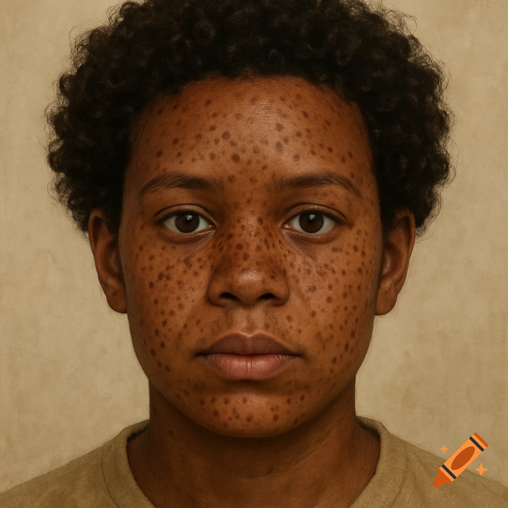 Close-up portrait of a young person with curly hair and many dark ...