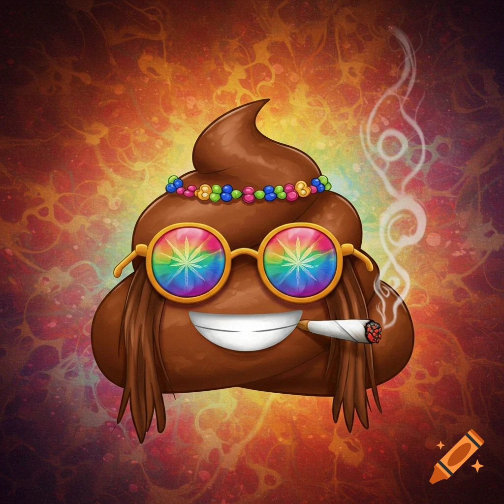 A poop emoji character stylized as a hippie, wearing rainbow glasses, a ...
