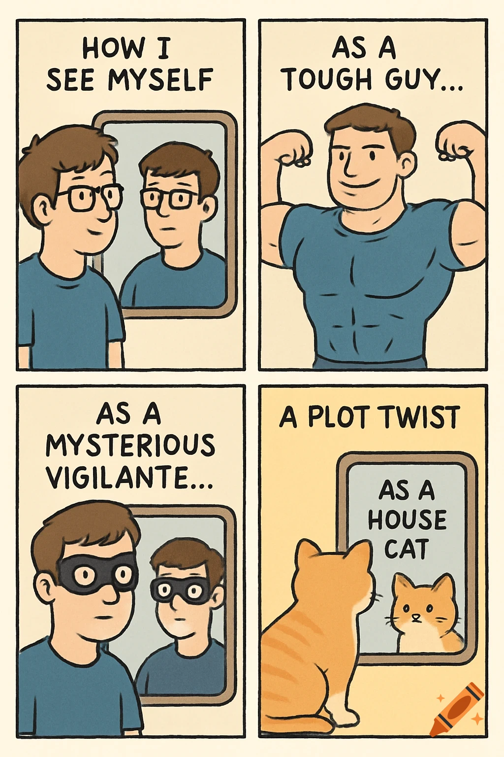 A four-panel comic about self-perception, ending with a cat looking in a mirror. on Craiyon