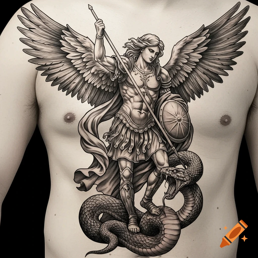 Black and white tattoo stencil of Archangel Michael standing on snake ...