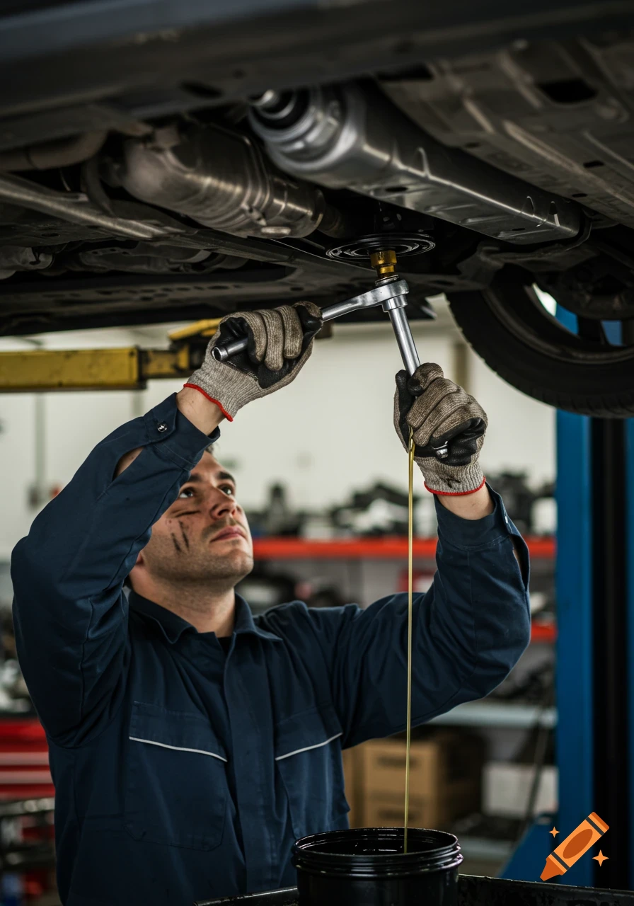 Mechanic changing oil under a lifted car in a garage. on Craiyon