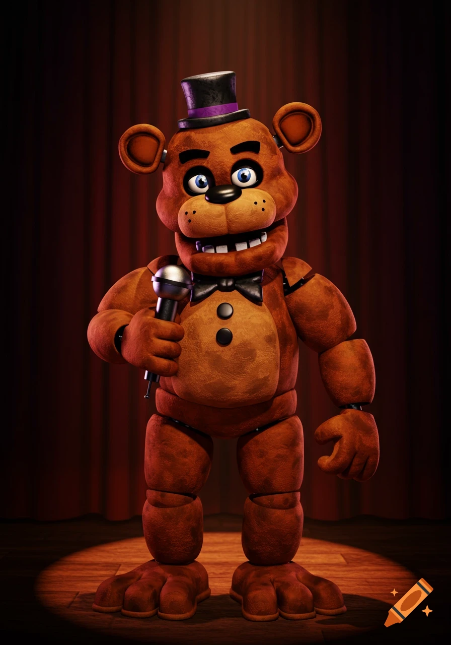 Freddy Fazbear stands on stage with a microphone. on Craiyon