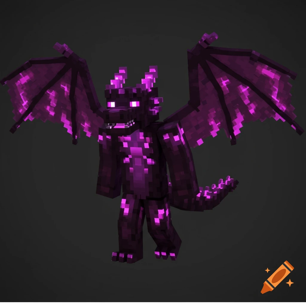 A blocky purple and black dragon in Minecraft style stands with wings ...