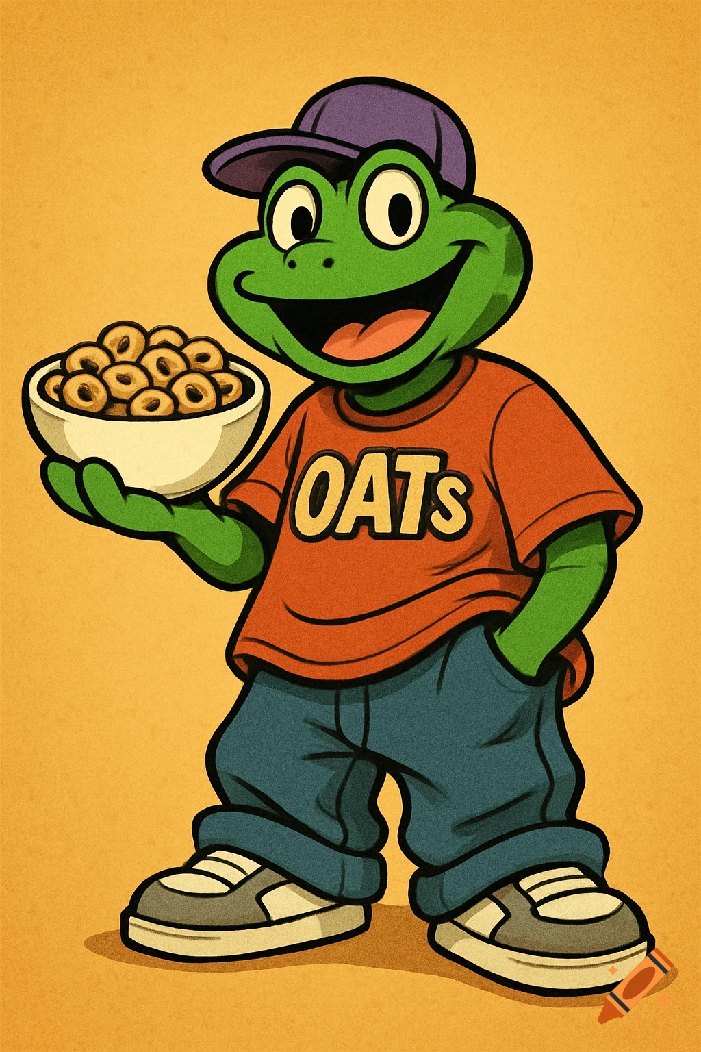 Cartoon frog mascot wearing a cap, t-shirt, and jeans, holding a bowl ...