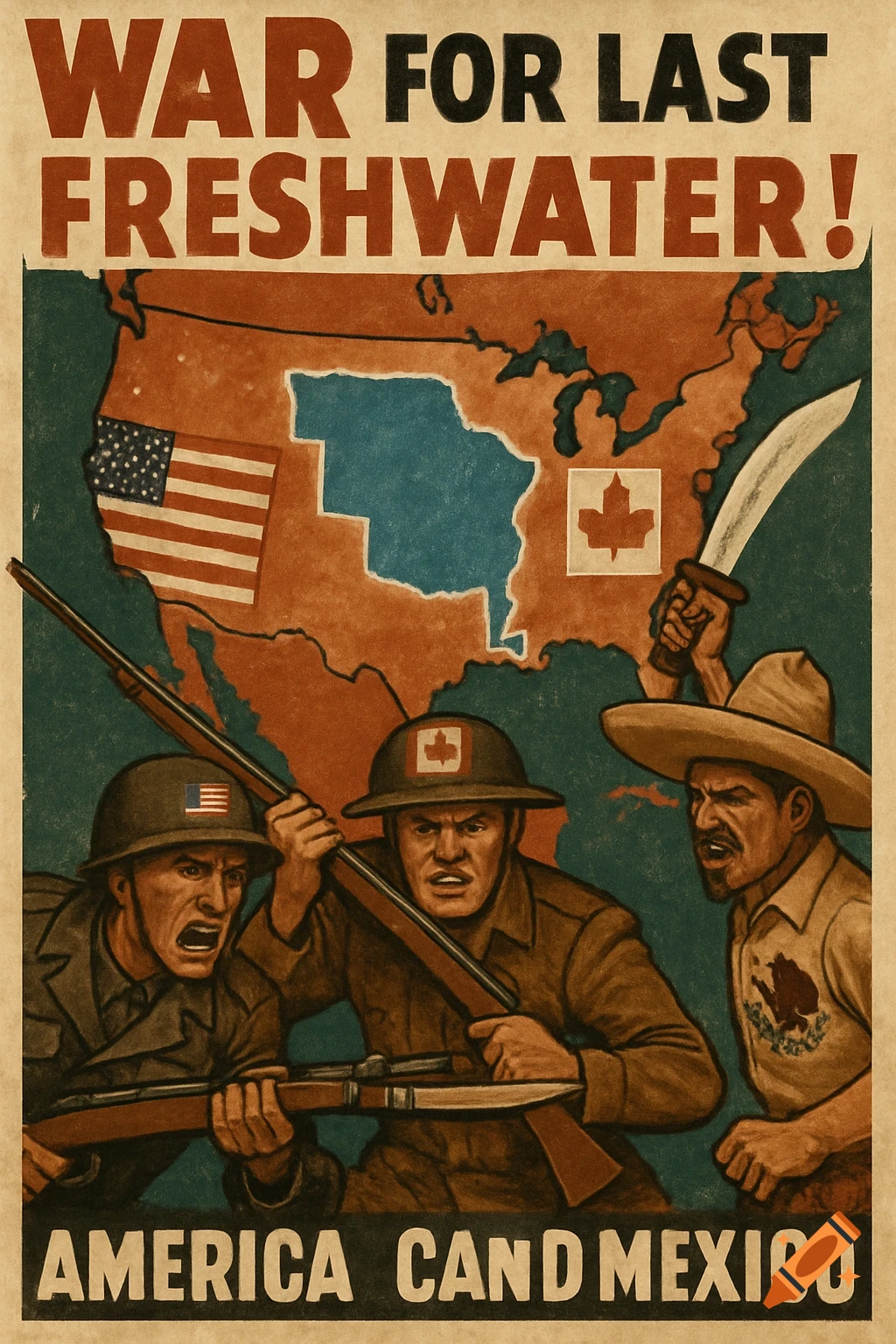 Retro propaganda poster showing US, Canadian, and Mexican figures and a ...