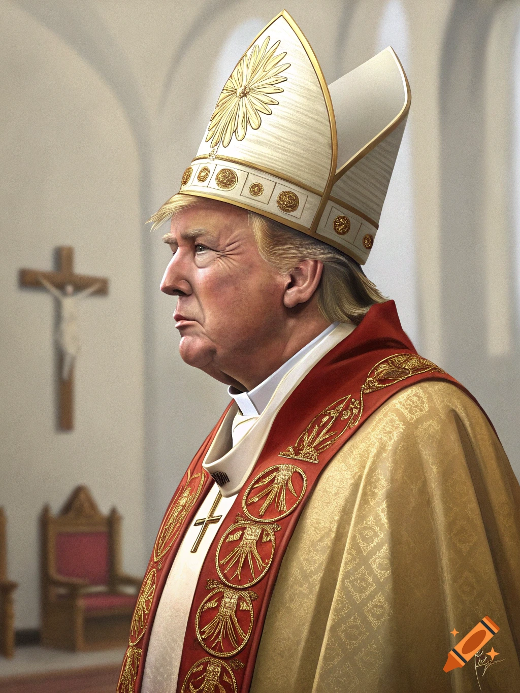 Photorealistic portrait of Donald Trump dressed as a Pope in a church ...