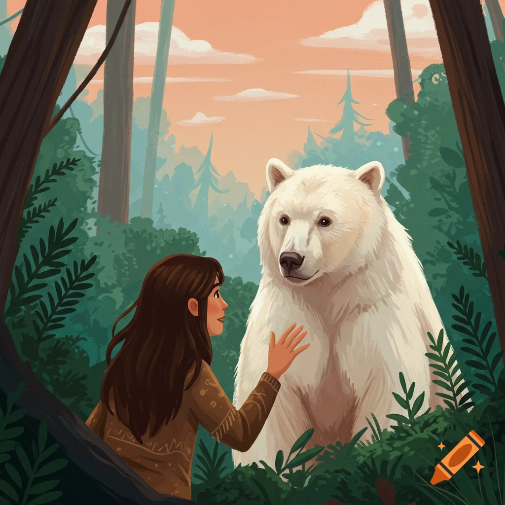 Illustrative scene of a girl reaching out to touch a large white bear ...
